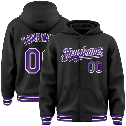 Custom Black Hoodie Jacket Purple-White Bomber Full-Snap Varsity ...