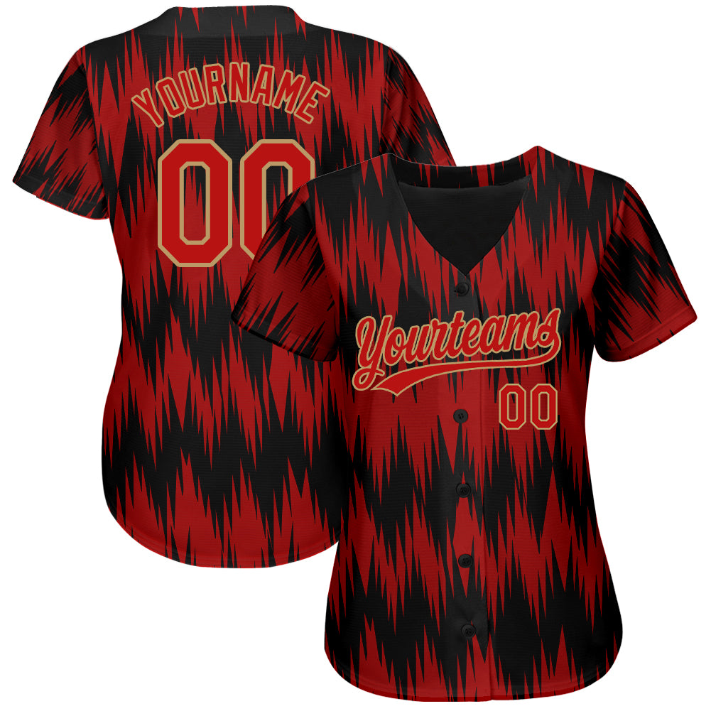 Custom 3D Pattern Baseball Jersey Red Red Old Gold-Black Design ...