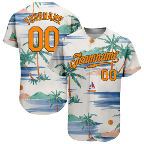 Custom 3D Pattern Baseball Jersey White Bay Orange-Olive Design Beach ...
