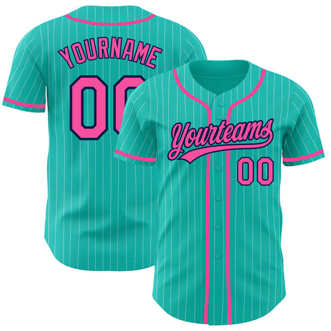 Custom Pinstripe Baseball Jersey Aqua White Pink-Navy Authentic - FansIdea