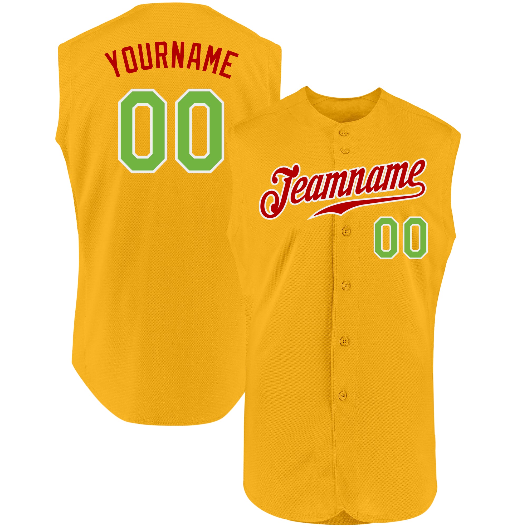 Custom Gold Baseball Jersey Neon Green-Red Authentic Sleeveless - FansIdea