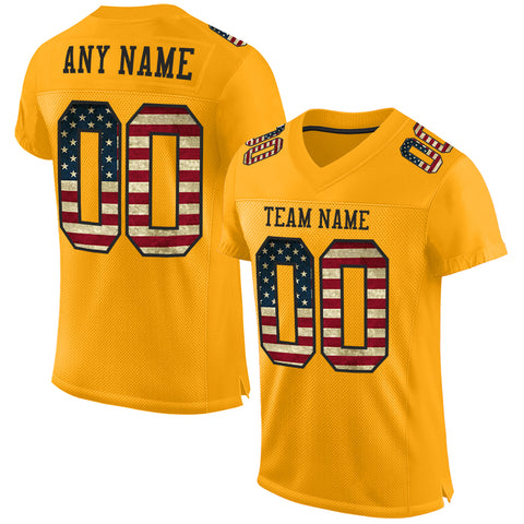 Custom Gold Football Jersey Vintage USA Flag-Black Mesh Authentic ...