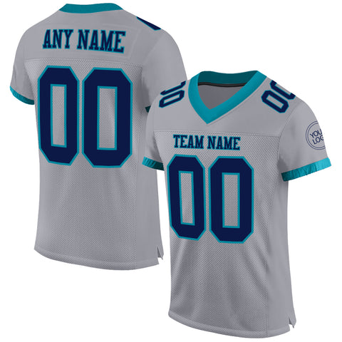 Custom Gray Football Jersey Navy-Teal Mesh Authentic - FansIdea