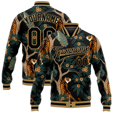 Custom 3D Pattern Varsity Letterman Jacket Black Black-Old Gold Tiger ...
