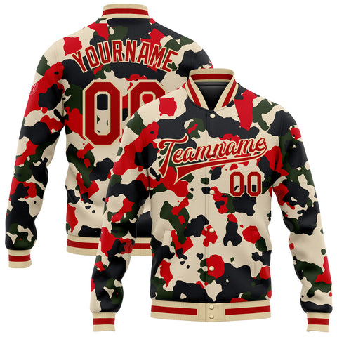 Custom Camo Jacket Red-Cream 3D Bomber Full-Snap Varsity Letterman ...