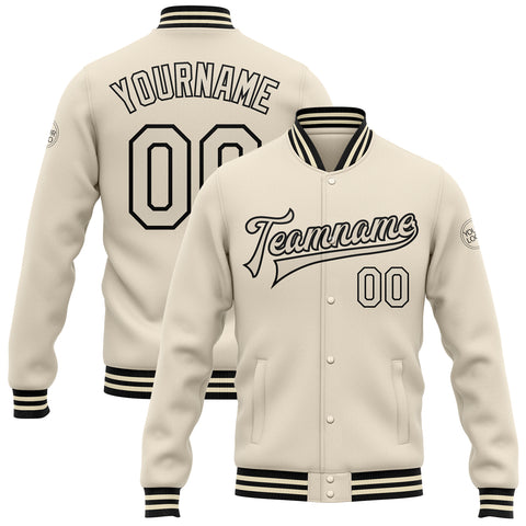 Custom Cream Varsity Letterman Jacket-Black Bomber Full-Snap - FansIdea