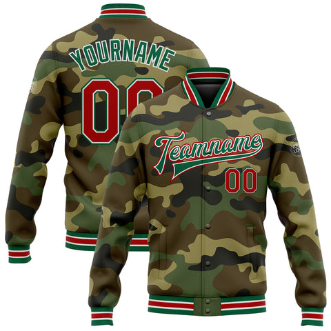 Custom Camo Jacket Red-Kelly Green Bomber Full-Snap Varsity Letterman ...