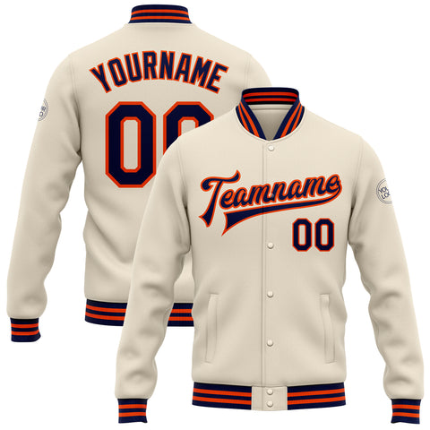 Custom Cream Varsity Letterman Jacket Navy-Orange Bomber Full-Snap ...