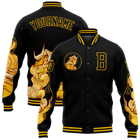 Custom 3D Pattern Varsity Letterman Jacket Black Gold Courage Samurai ...