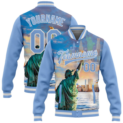 Custom Light Blue Varsity Letterman Jacket White Statue Of Liberty New ...