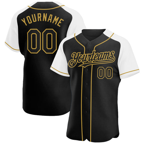 Custom Raglan Sleeves Baseball Jersey Black White-Old Gold Authentic ...