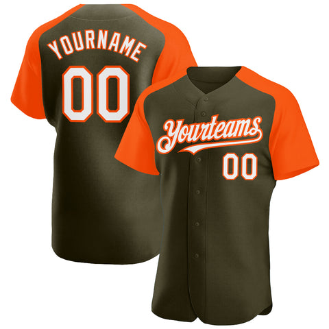 Custom Raglan Sleeves Baseball Jersey Olive White-Orange Authentic ...