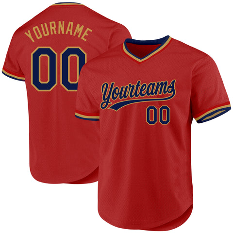 Custom Red Throwback Baseball Jersey Navy-Old Gold Authentic - FansIdea