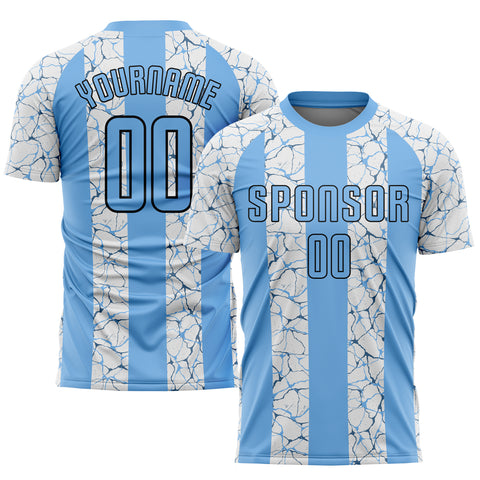 Custom White Soccer Uniform Jersey Light Blue-Black Sublimation - FansIdea