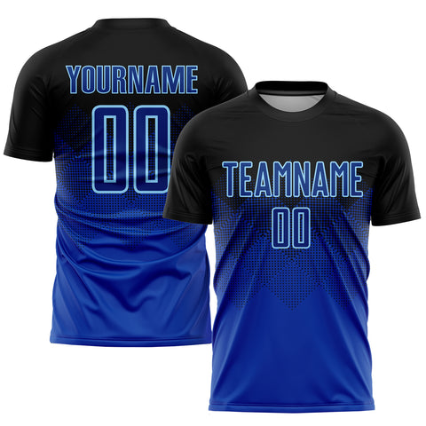 Custom Black Soccer Uniform Jersey Royal-Light Blue Sublimation - FansIdea