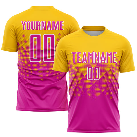 Custom Gold Soccer Uniform Jersey Deep Pink-White Sublimation - FansIdea