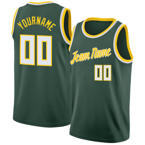 Custom Hunter Green Basketball Jersey White-Gold Round Neck Rib-Knit ...